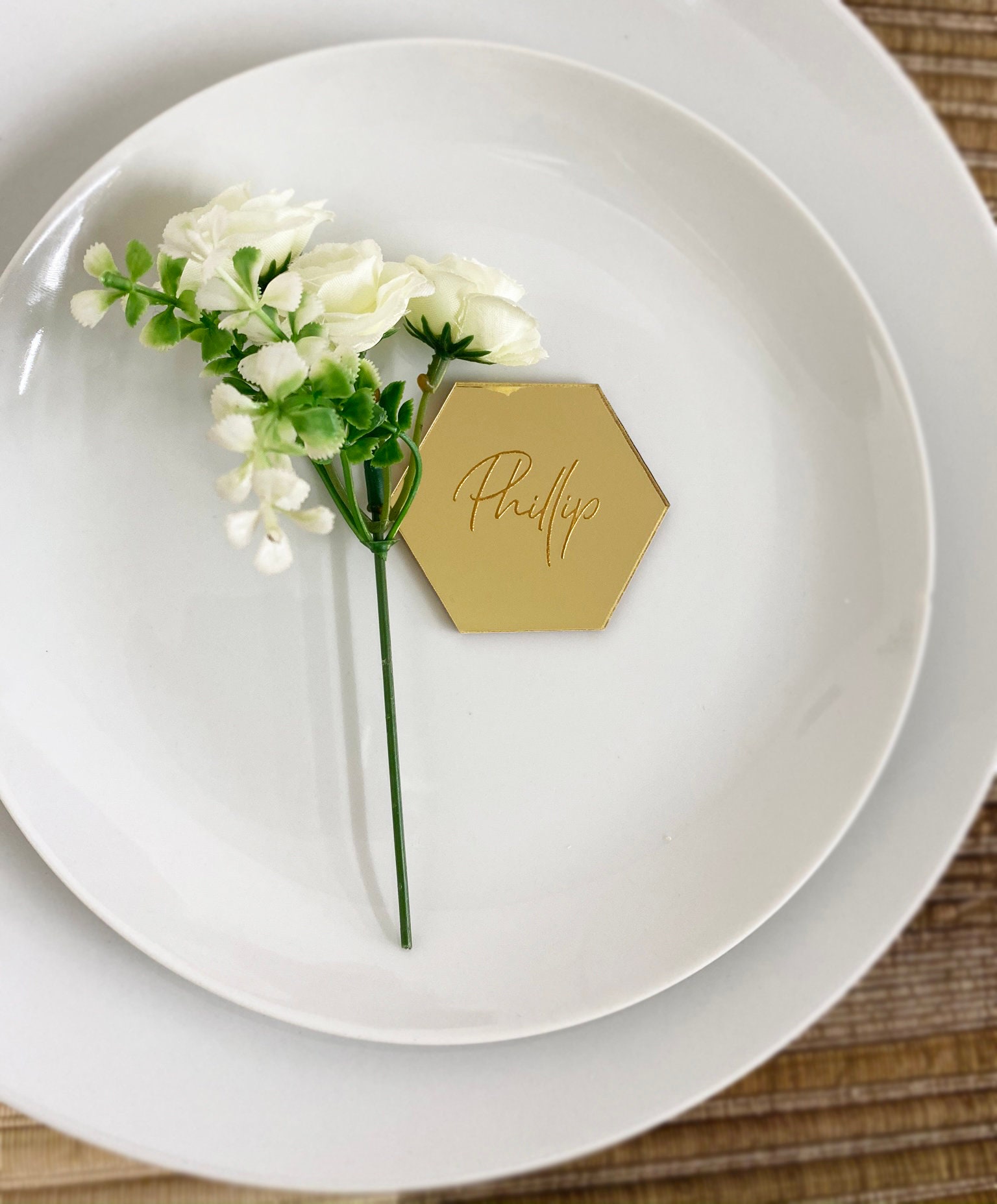 Mirrored Acrylic Hexagon Wedding Name Place Setting - Perspex Engraved ...