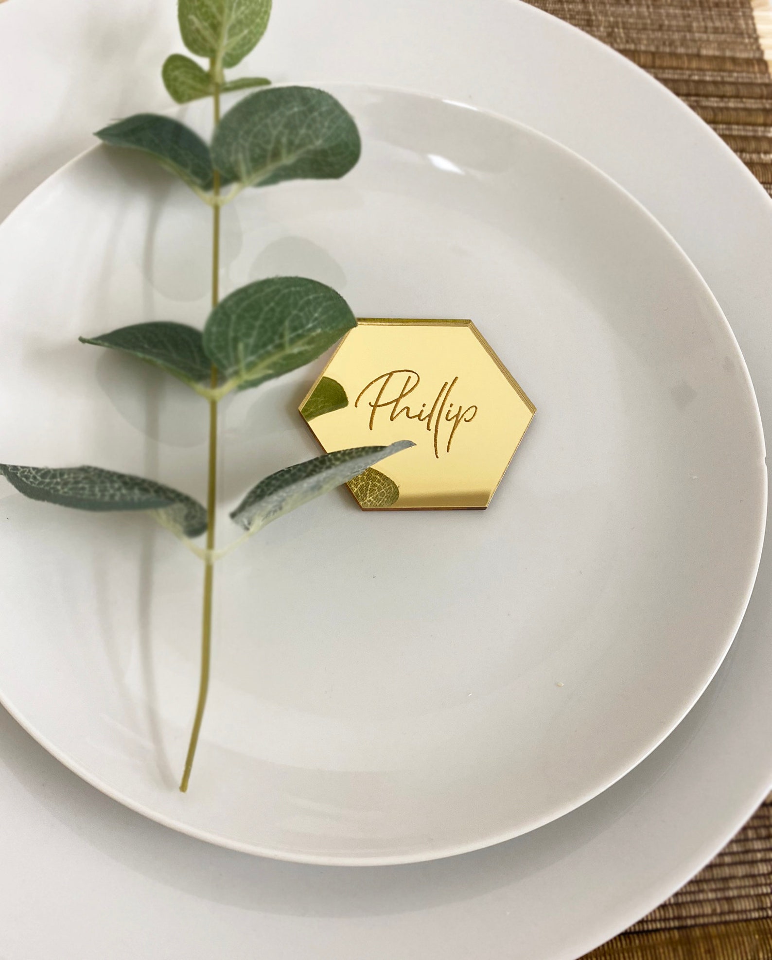 Mirrored Acrylic Hexagon Wedding Name Place Setting - Perspex Engraved ...