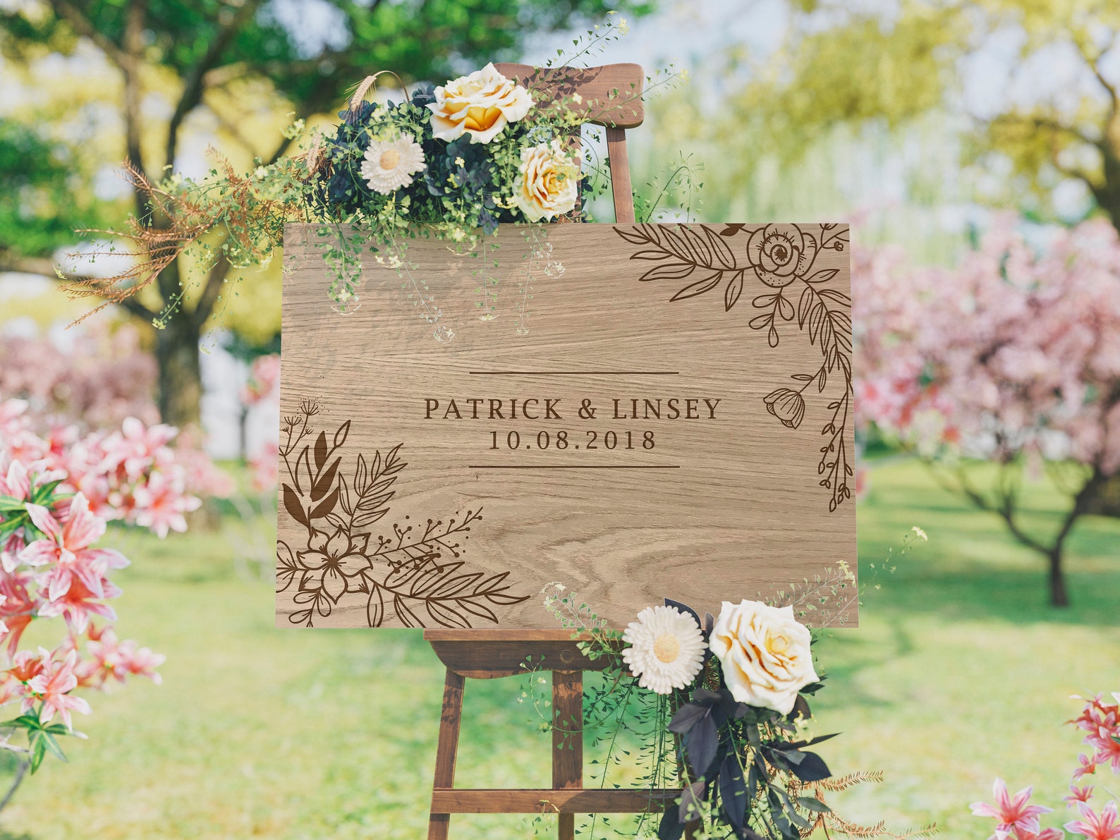 Floral Welcome Wedding Sign Oak Laser Engraved Board - Wedding Signs ...