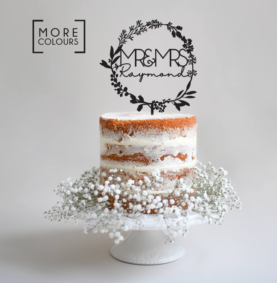 Floral Wreath Wedding Cake Topper - Personalised Wooden Cake Topper (x5 ...
