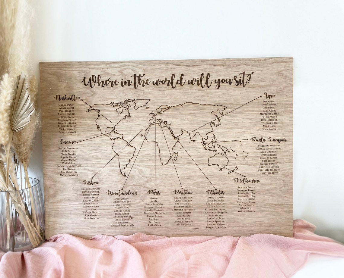 World Map Oak Wedding Table Seating Plan - Engraved - Wedding Guests ...