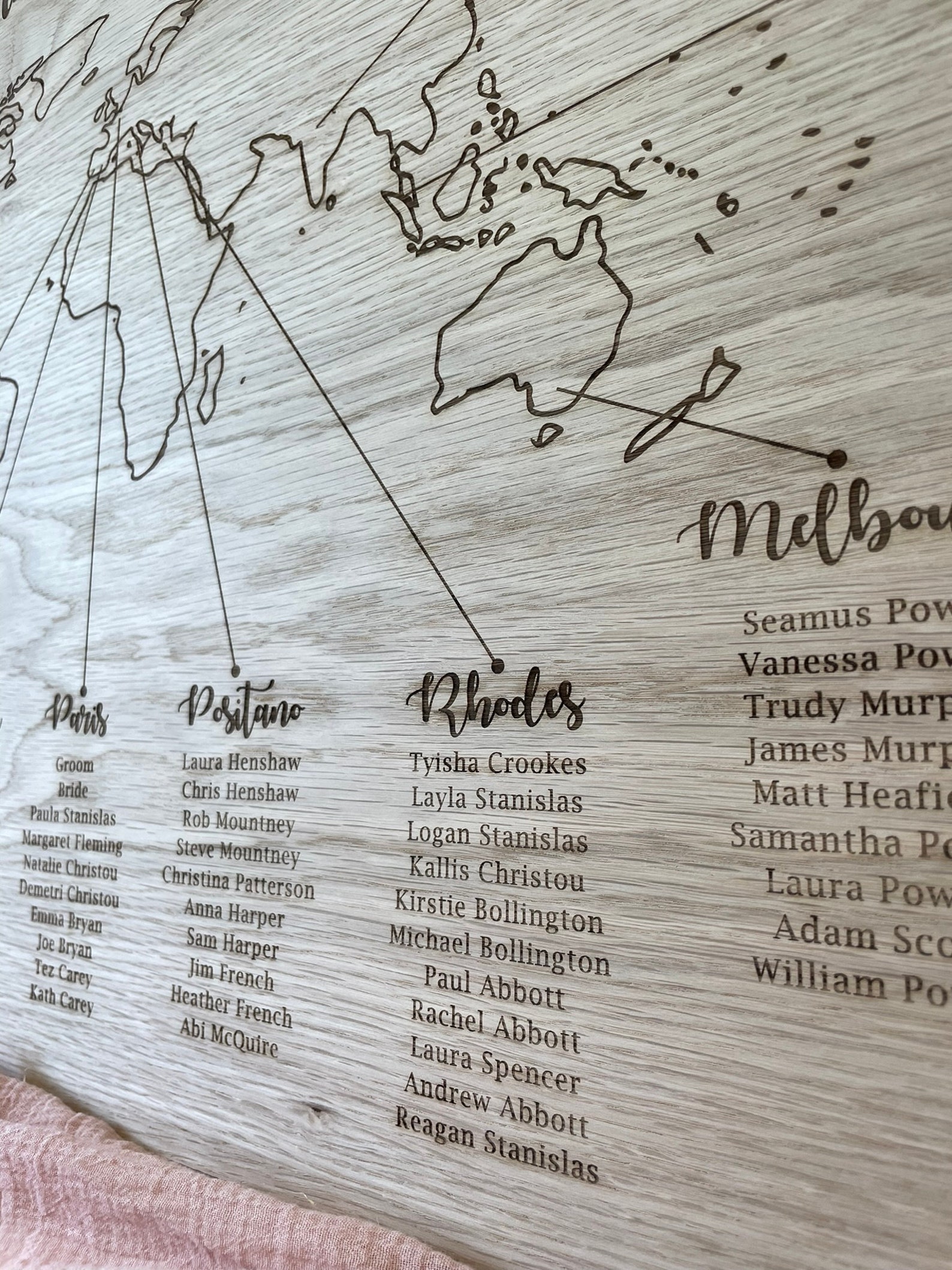 World Map Oak Wedding Table Seating Plan - Engraved - Wedding Guests ...