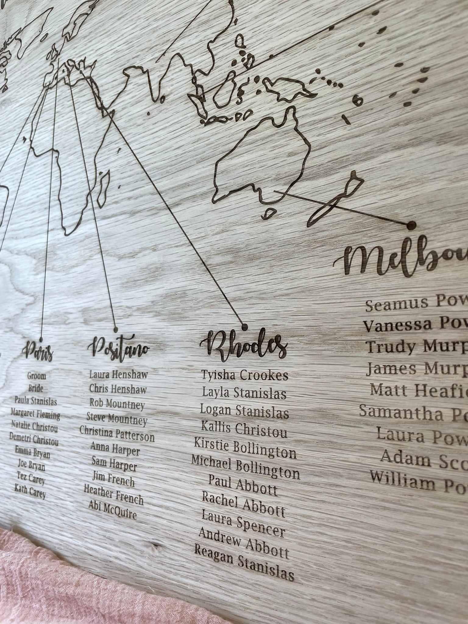World Map Oak Wedding Table Seating Plan - Engraved - Wedding Guests ...