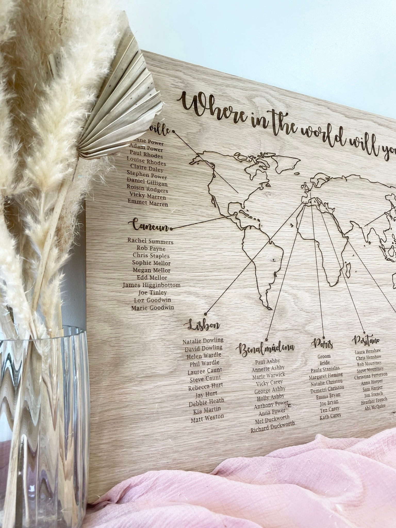 World Map Oak Wedding Table Seating Plan - Engraved - Wedding Guests ...