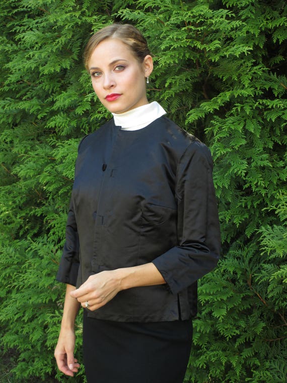 1960s Black Damask Silk Jackie O Style Suit With Rev… Gem