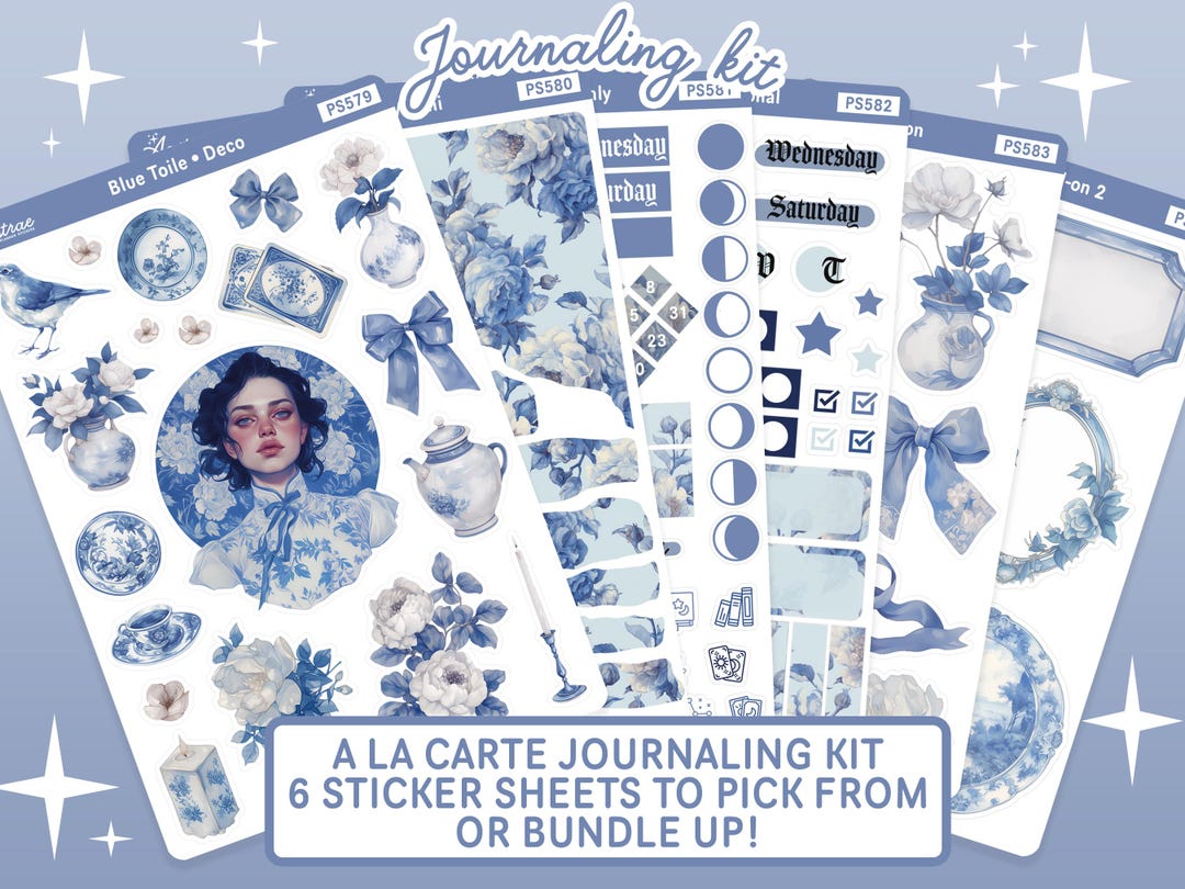 Blue Toile Journaling Kit, Vintage Blue Planner Stickers, Chateaucore ...