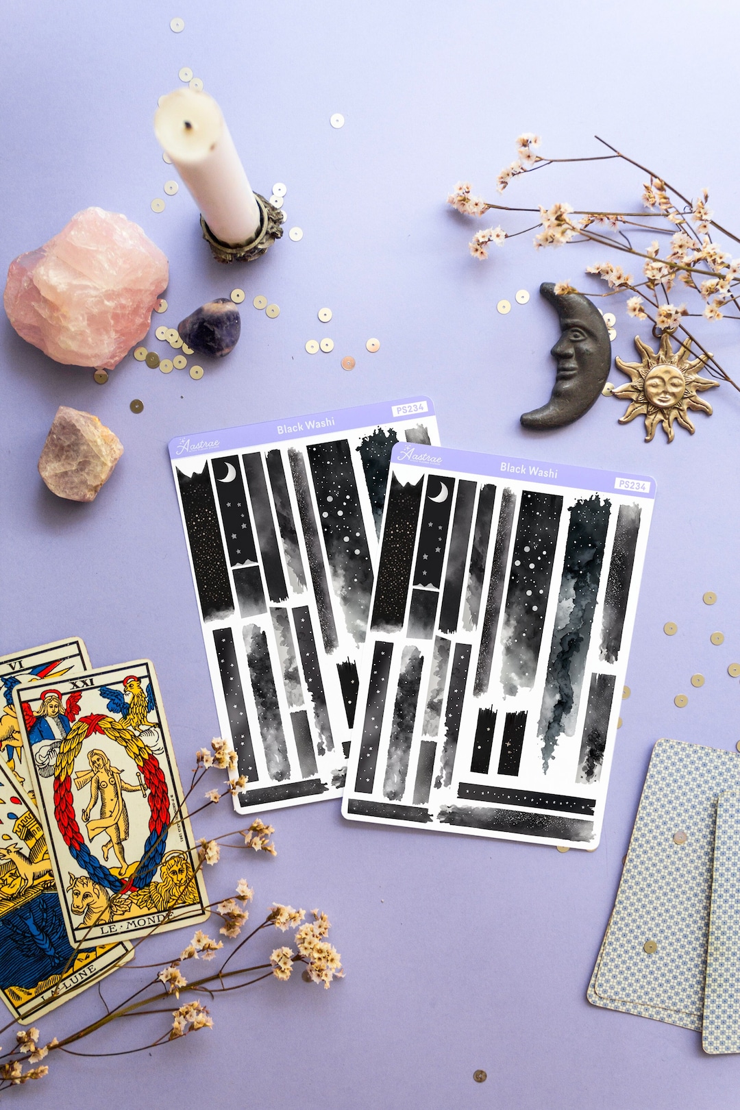 Mystical Washi Tape Stickers, Dark Black Celestial Washi Sticker Sheet ...