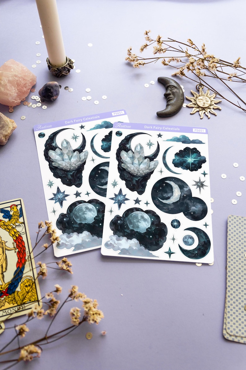 Celestial Moon Stickers, Lunar Night Sky Crystal Clouds, Star and ...