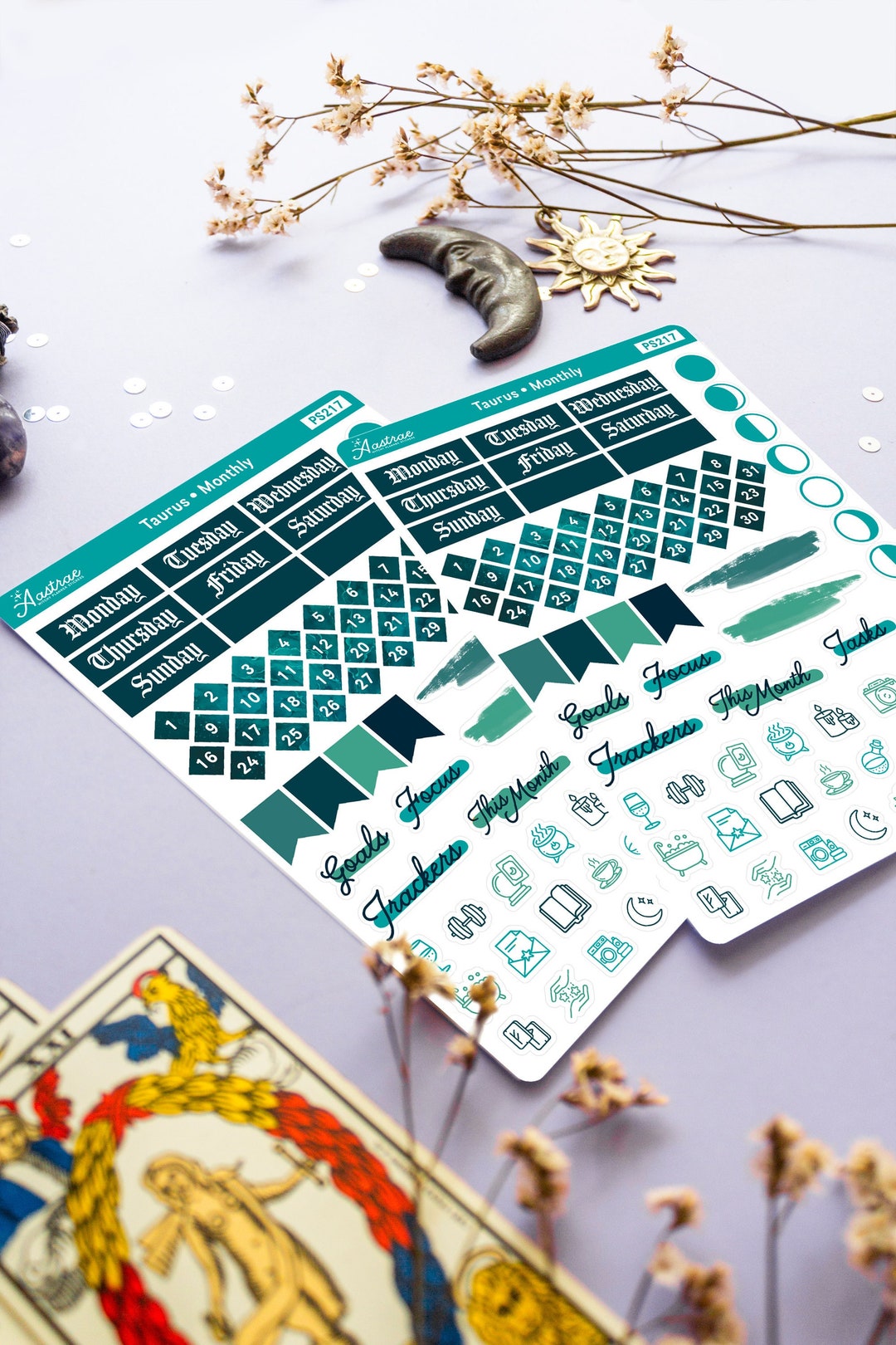Teal Blue Monthly Planner Stickers, Date Cover Stickers, Icon Stickers ...