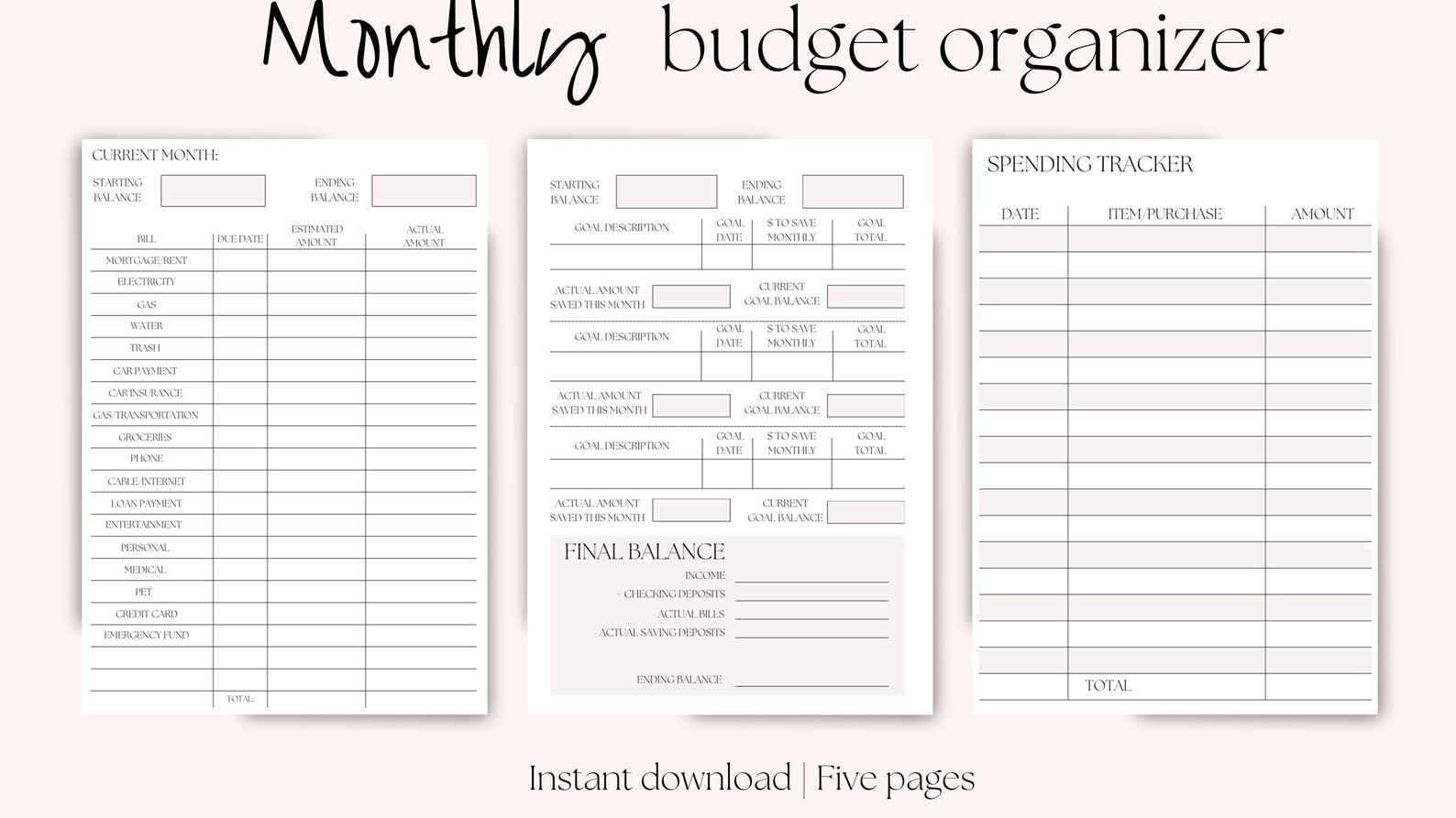 Printable Monthly Budget Organizer, Printable Monthly Organizer for ...