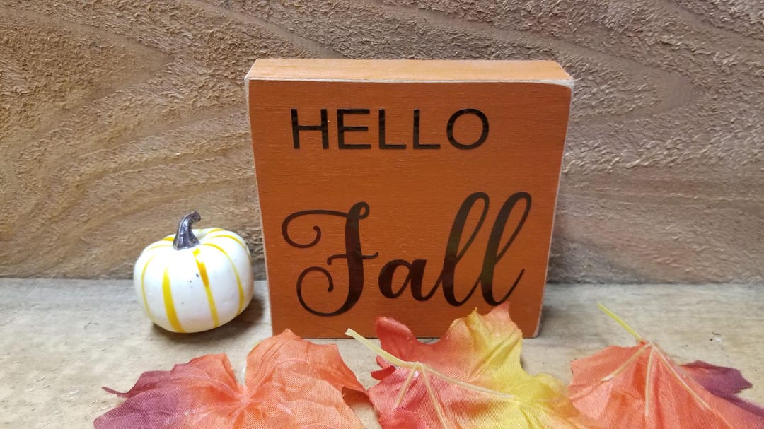 Hello Fall Wooden Sign Orange Block Brown Lettering - Etsy