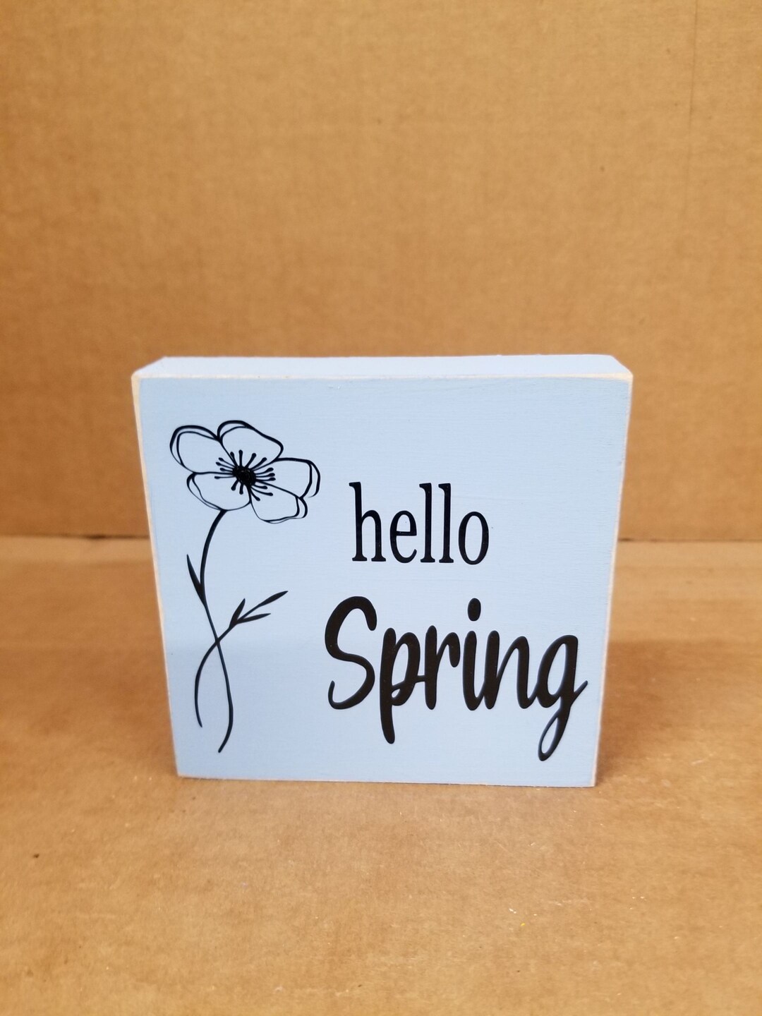 Hello Spring Wood Sign Line Art Flower Blue Sign Table Sign Shelf Sign ...