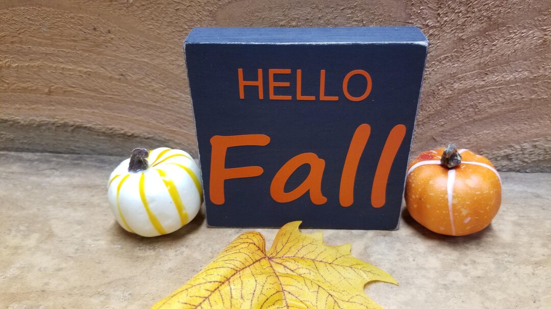 Hello Fall Wooden Sign Gray Block With Orange Lettering - Etsy