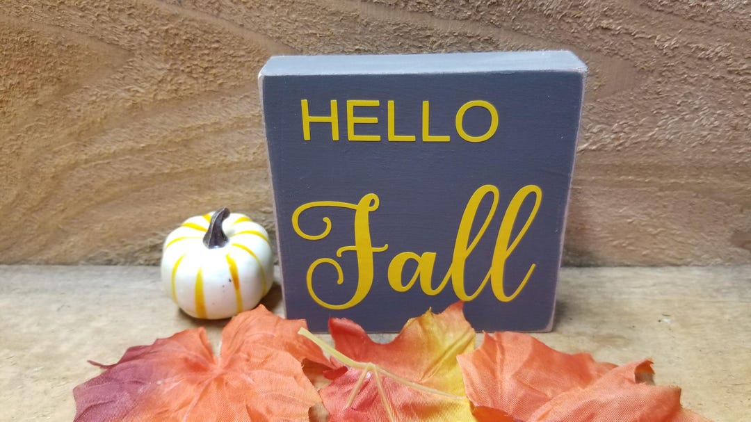 Hello Fall Wooden Sign Gray Block Yellow Lettering - Etsy