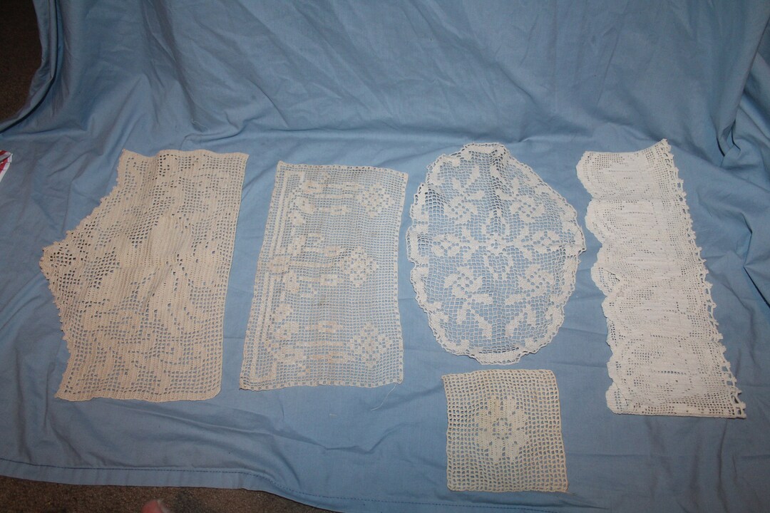 5 Pct Vtg Hand Crochet Filet Lace Chair Backs, Inserts, Pillow Edging ...