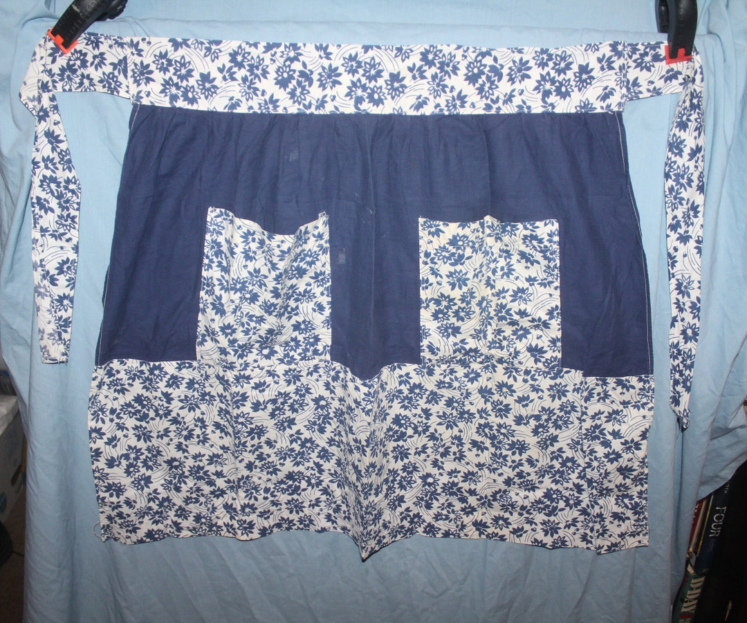 Vintage 1950's Housewife Navy Blue & Floral Half Apron With 2 Large ...