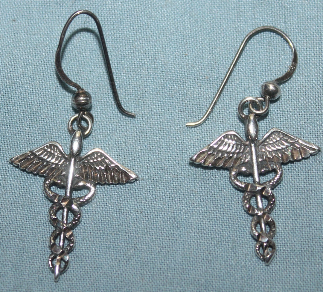 Vintage Medical Caduceus Sterling Silver Fish Hook Pierced Earrings 925 ...
