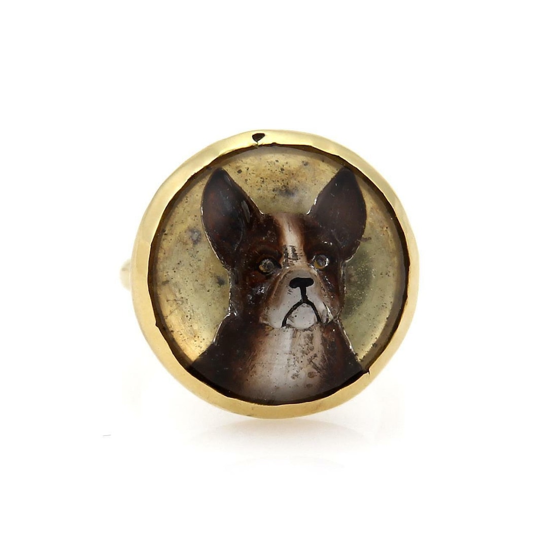 21010 - Vintage 18k Yellow Gold 3D Boxer Dog Resin Enamel Ring Size - 7 ...