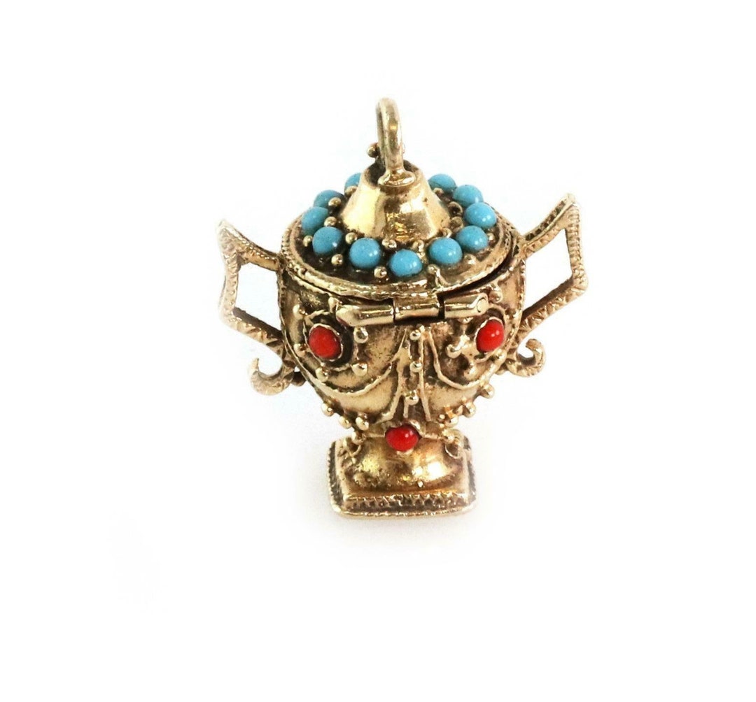 1001 - Vintage Coral Turquoise 14k Gold Trophy Cup Pill Box Pendant - Etsy