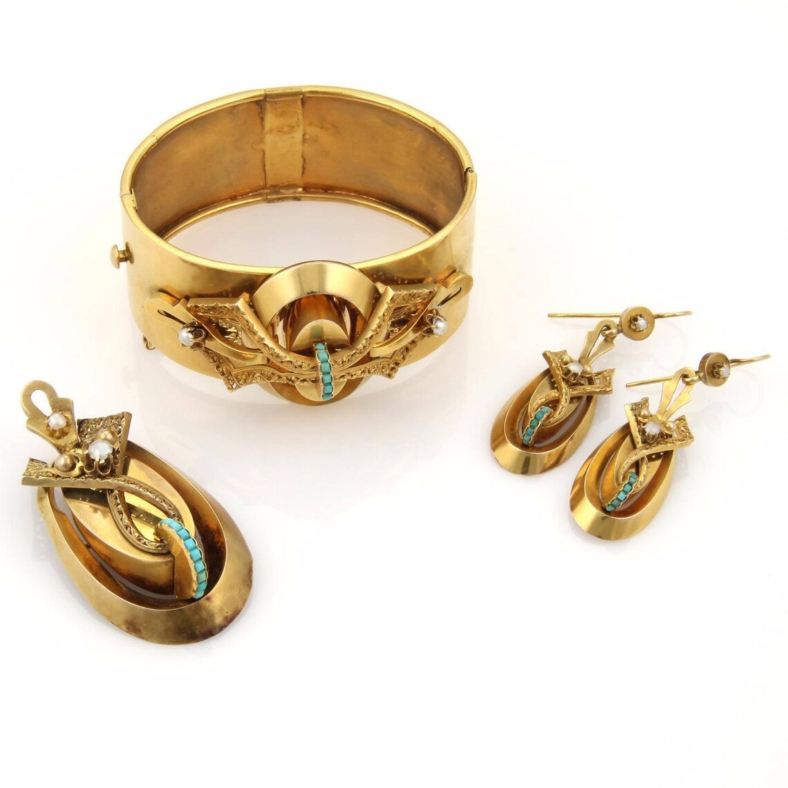 Victorian Era 18k Ygold Pearls & Turquoise Bracelet Earrings Brooch Set ...