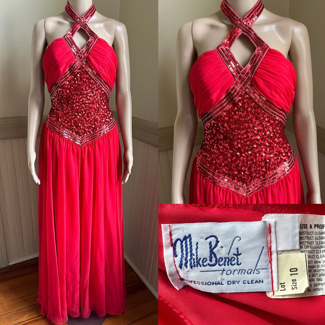 Vintage Prom Dress Red Sequins and Chiffon Mike Benet Size 10 - Etsy