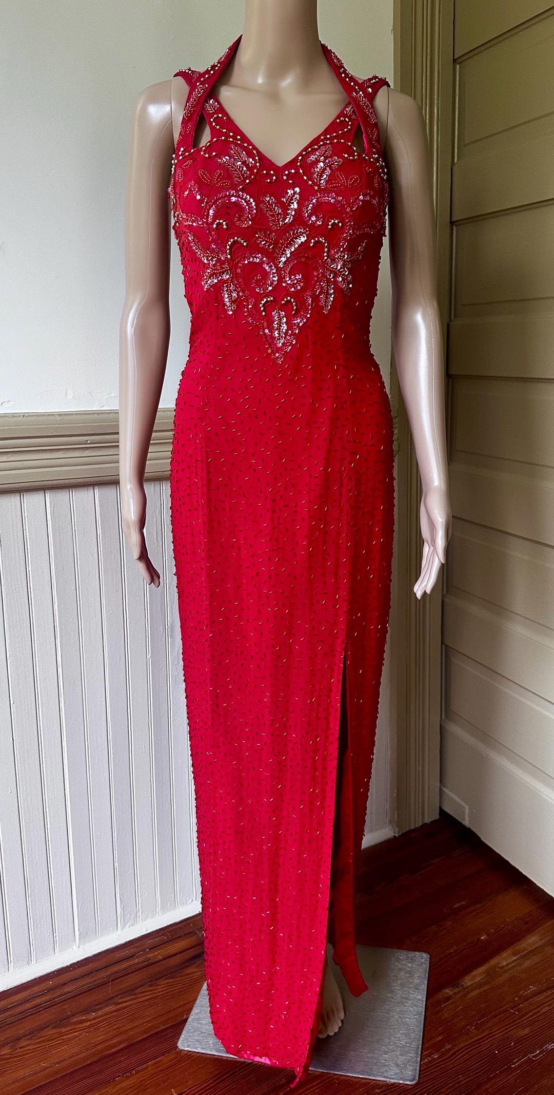 Vintage 90s Y2K Red Beaded Alyce Designs Halter Prom Dress Size Medium ...