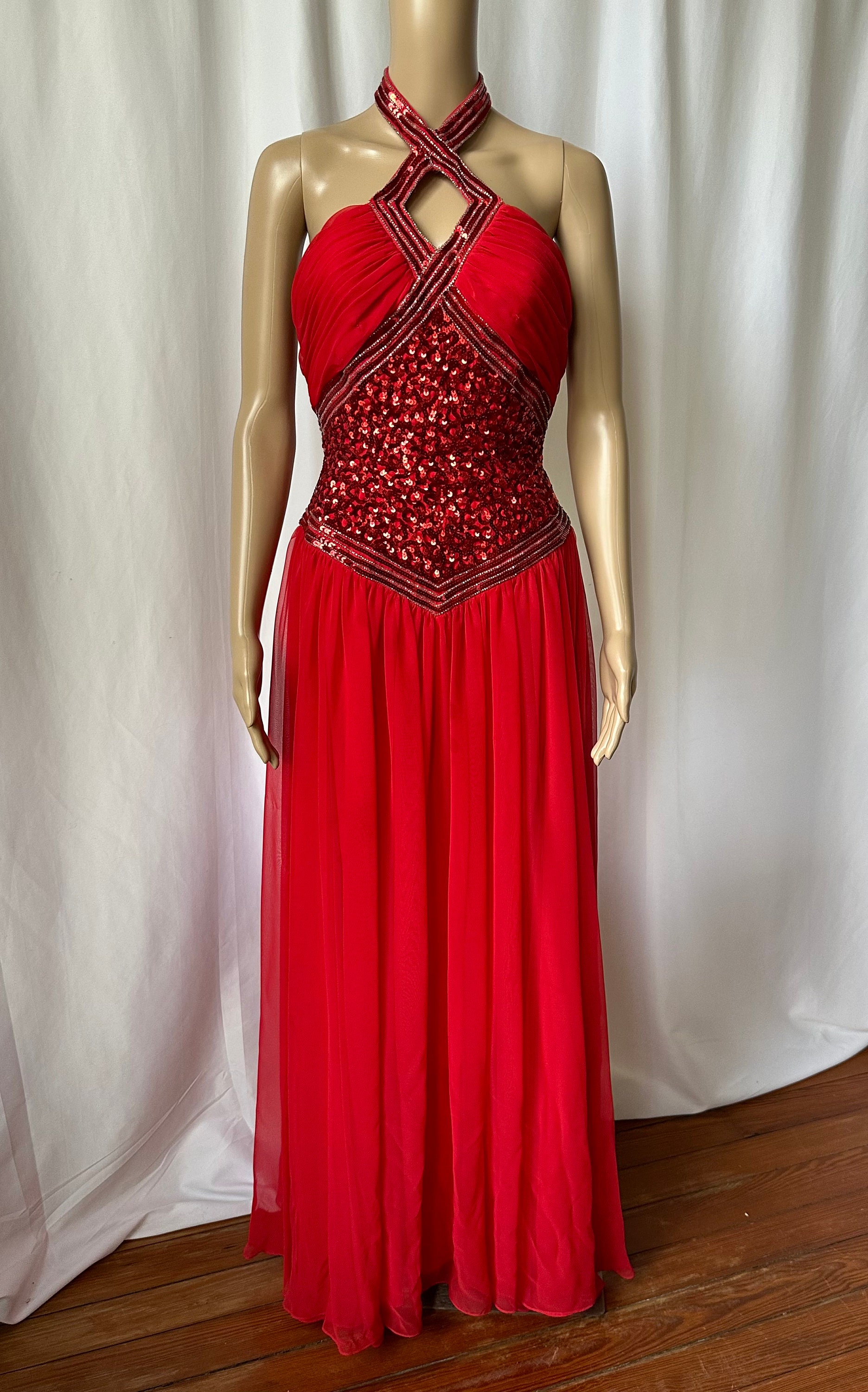 Vintage Prom Dress Red Sequins and Chiffon Mike Benet Size 10 - Etsy