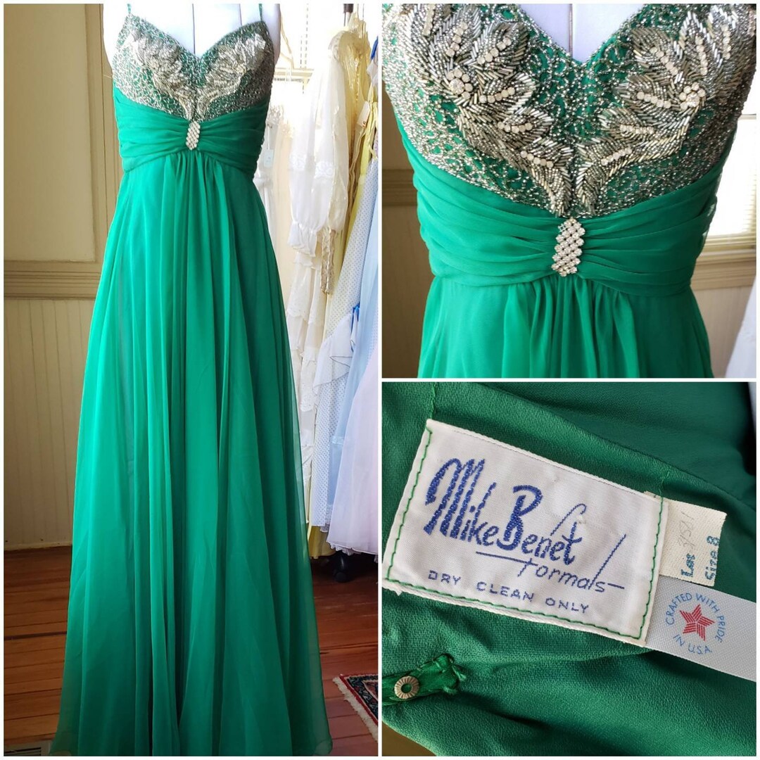 Vintage Prom Dress Deadstock Mike Benet 70s Emerald Green Chiffon Size ...