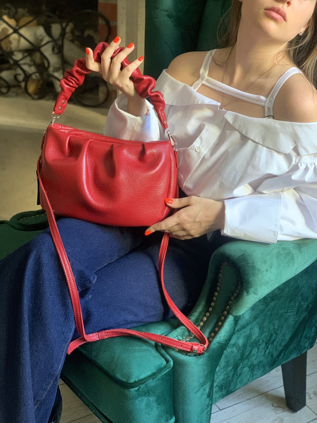 Red Leather Hobo Bag, Elegant Soft Bag, Crossbody Bag, Red Hobo Bag, Leather Shoulder Bag, Gift ...