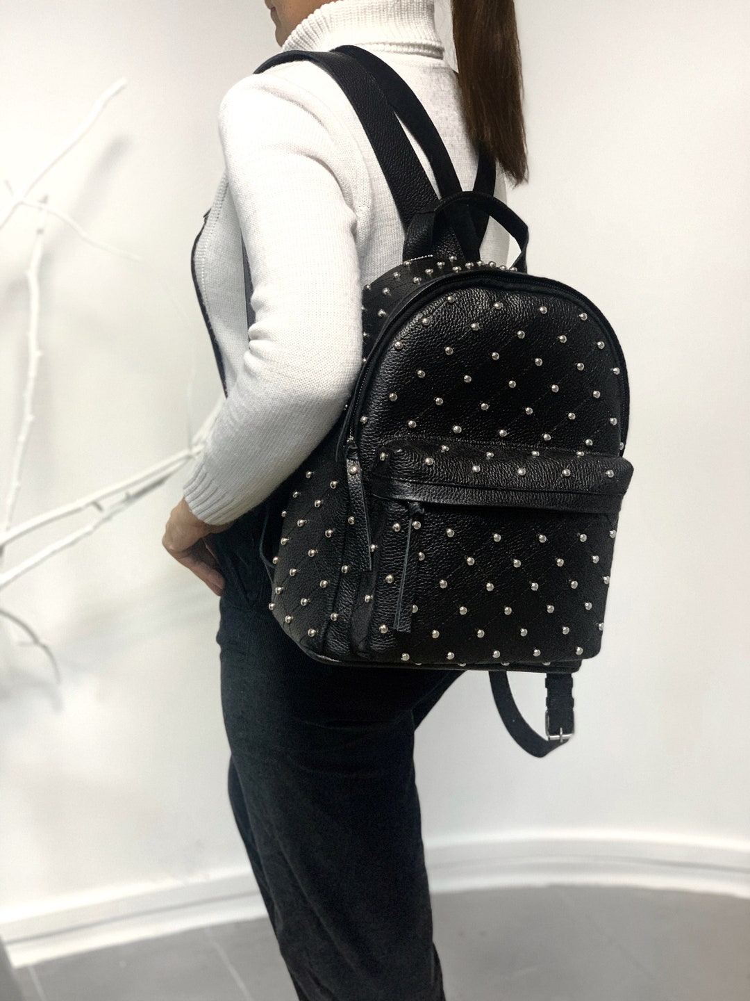 Large Leather Backpack Purse for Women, Studded Backpack Made of ...