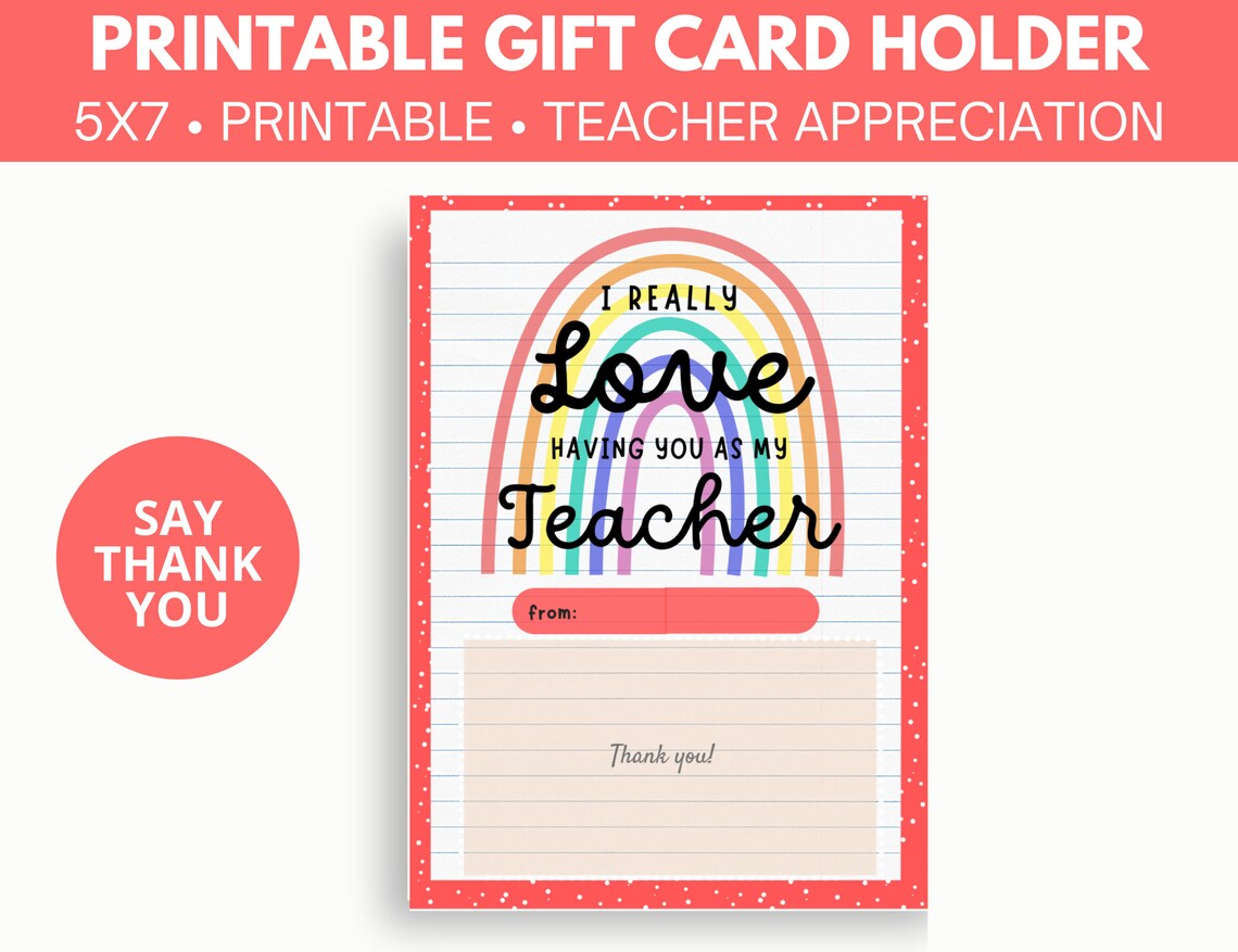 Printable Teacher End of Year Appreciation Gift Card Holder Rainbow - Etsy