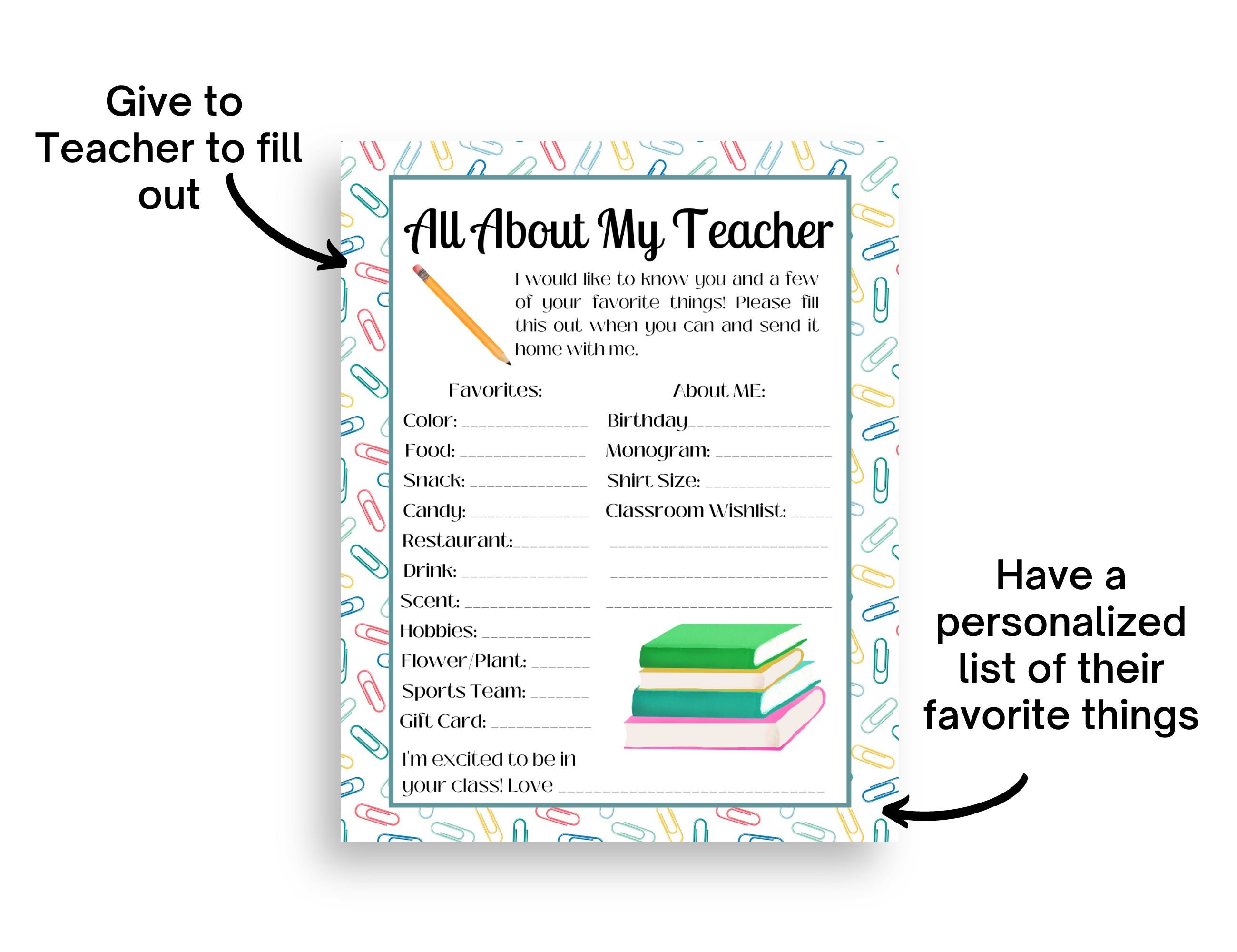 All About My Teacher Gift Information Sheet First Day of School Get to ...