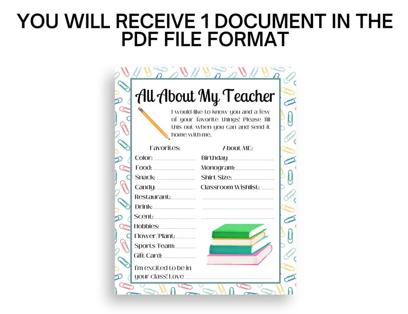 All About My Teacher Gift Information Sheet First Day of School Get to ...