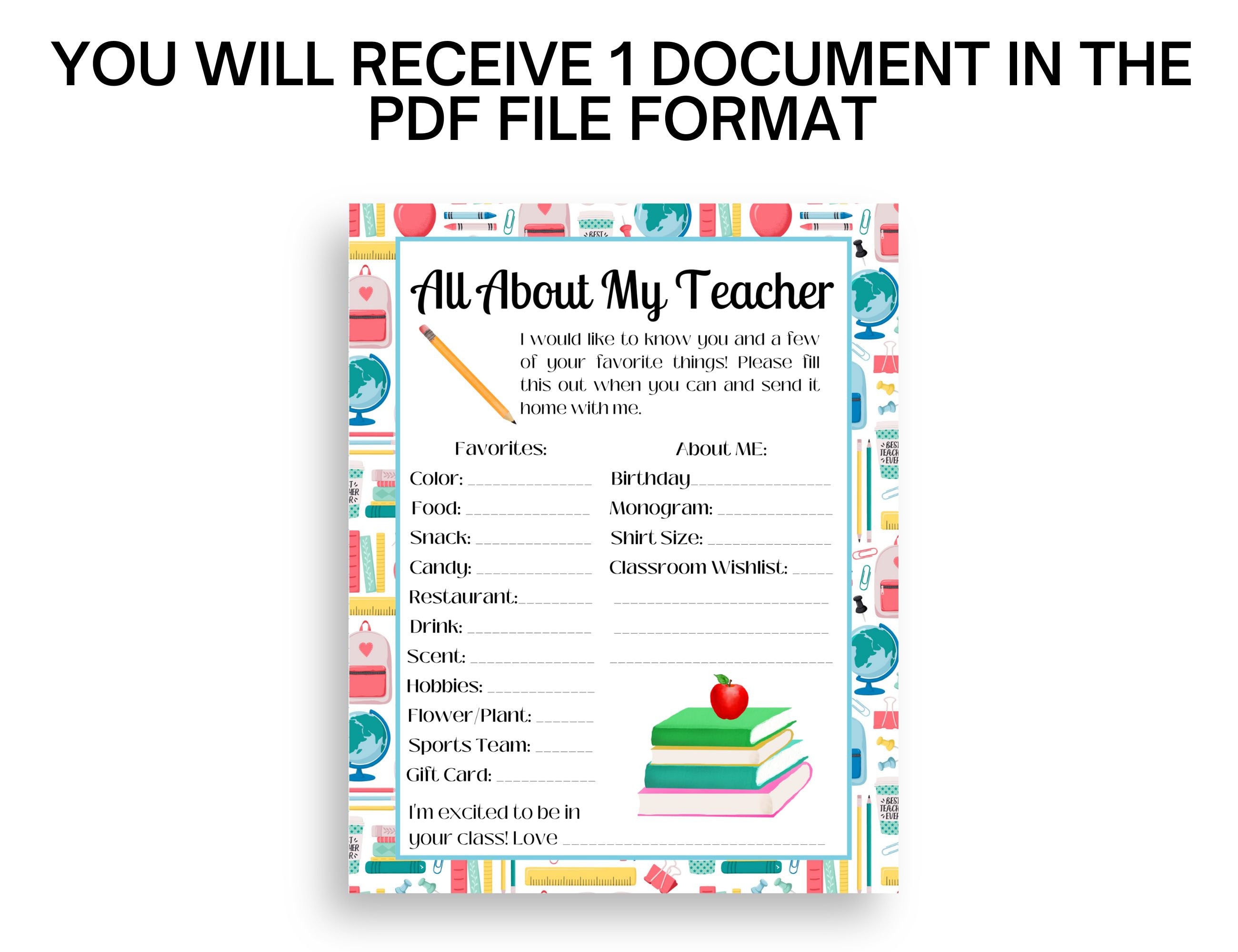 All About My Teacher Gift Information Sheet First Day of School Get to ...