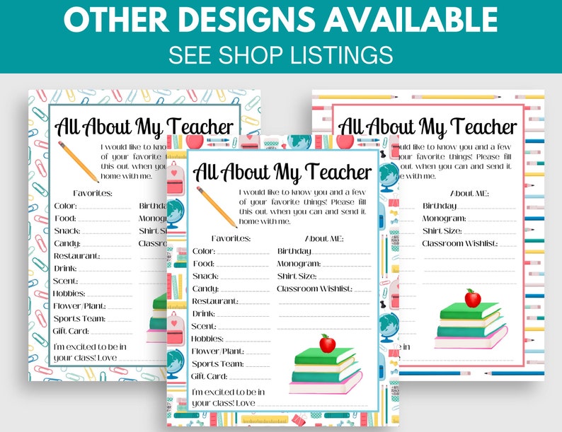 All About My Teacher Gift Information Sheet | First Day of School | Get ...