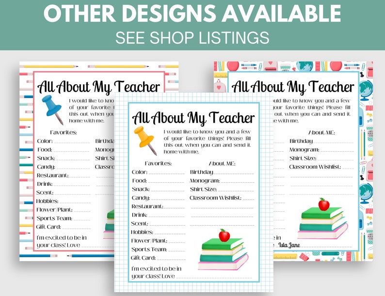 All About My Teacher Gift Information Sheet First Day of School Get to ...