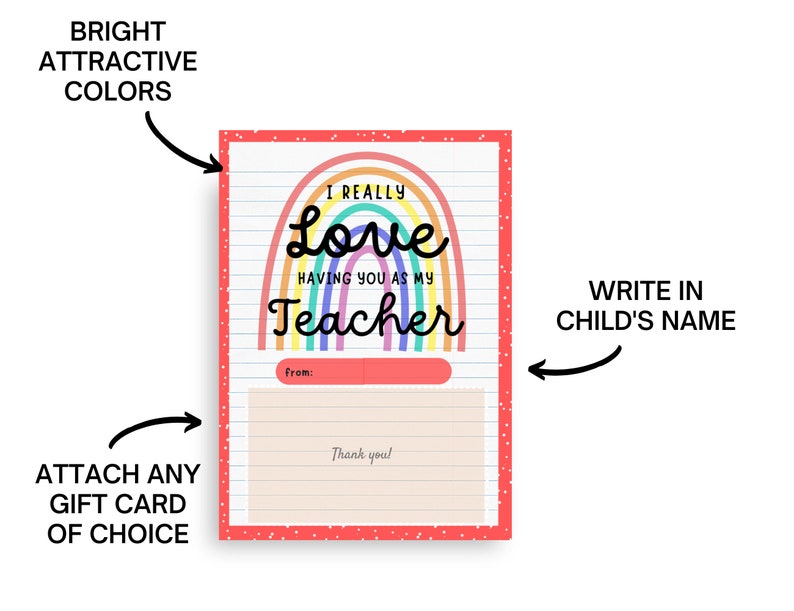 Printable Teacher End of Year Appreciation Gift Card Holder | Rainbow ...