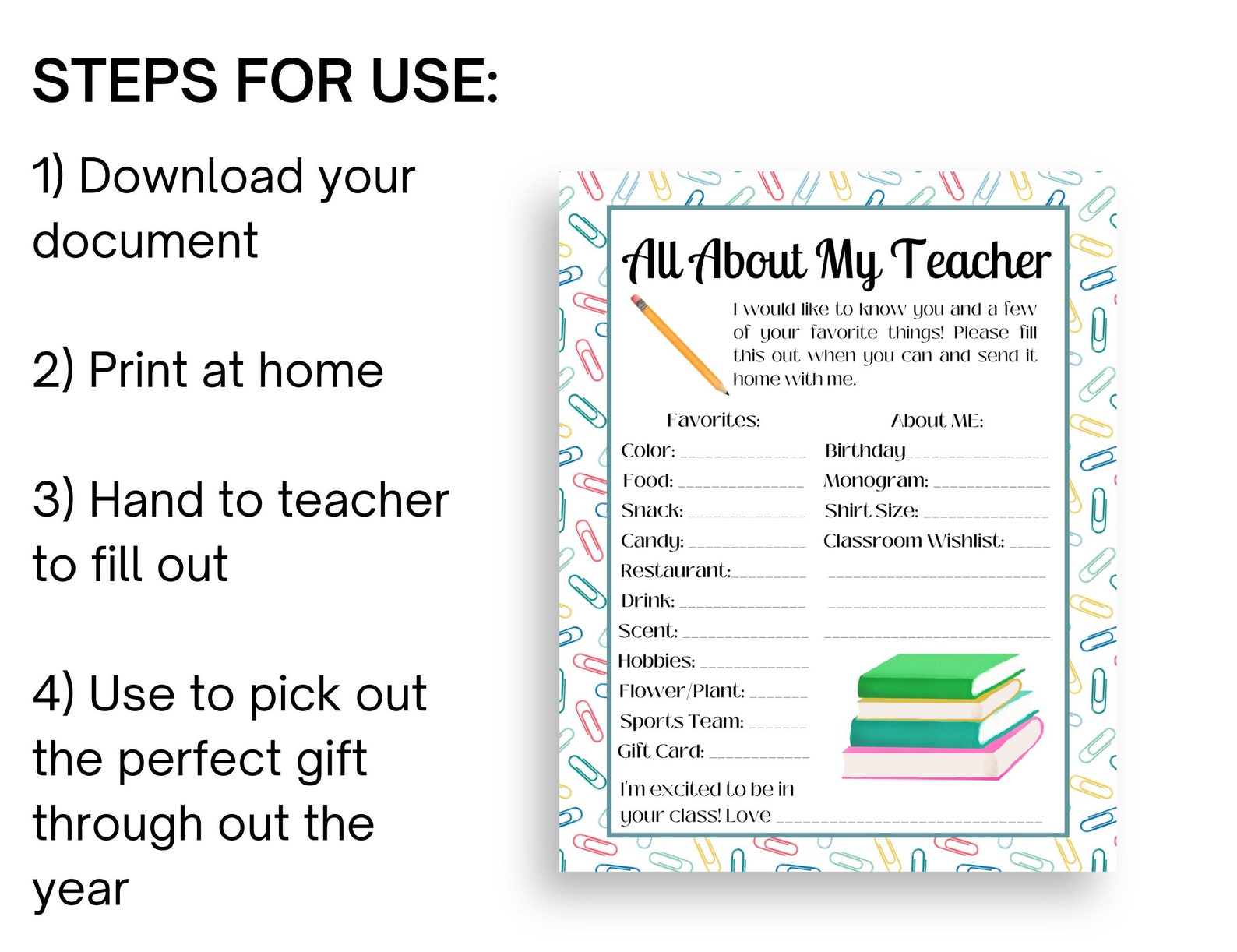All About My Teacher Gift Information Sheet First Day of School Get to ...