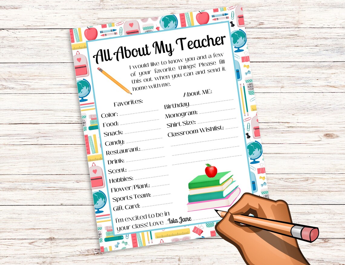 All About My Teacher Gift Information Sheet | First Day of School | Get ...