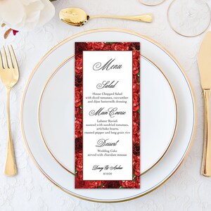 Red Roses Menu Card| Burgundy Roses Menu Cards| Floral Menu Card ...