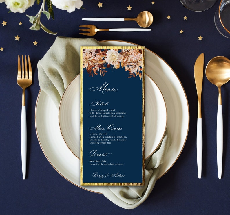 Blue Wedding Menu Card Boho Floral Printed Menus Autumn - Etsy