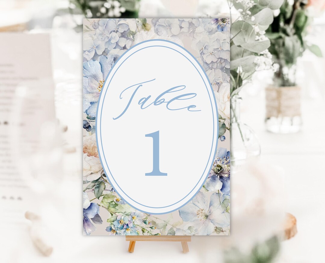 Dusty Blue Floral Table Number| Oval Table Number Cards| Watercolor ...