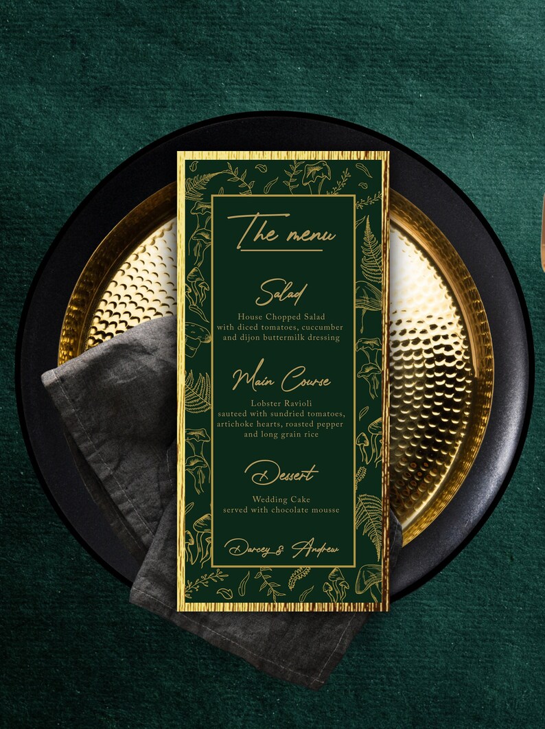 Forest Wedding Menu| Woodsy Dark Forest Menu| Green and Gold Menu ...