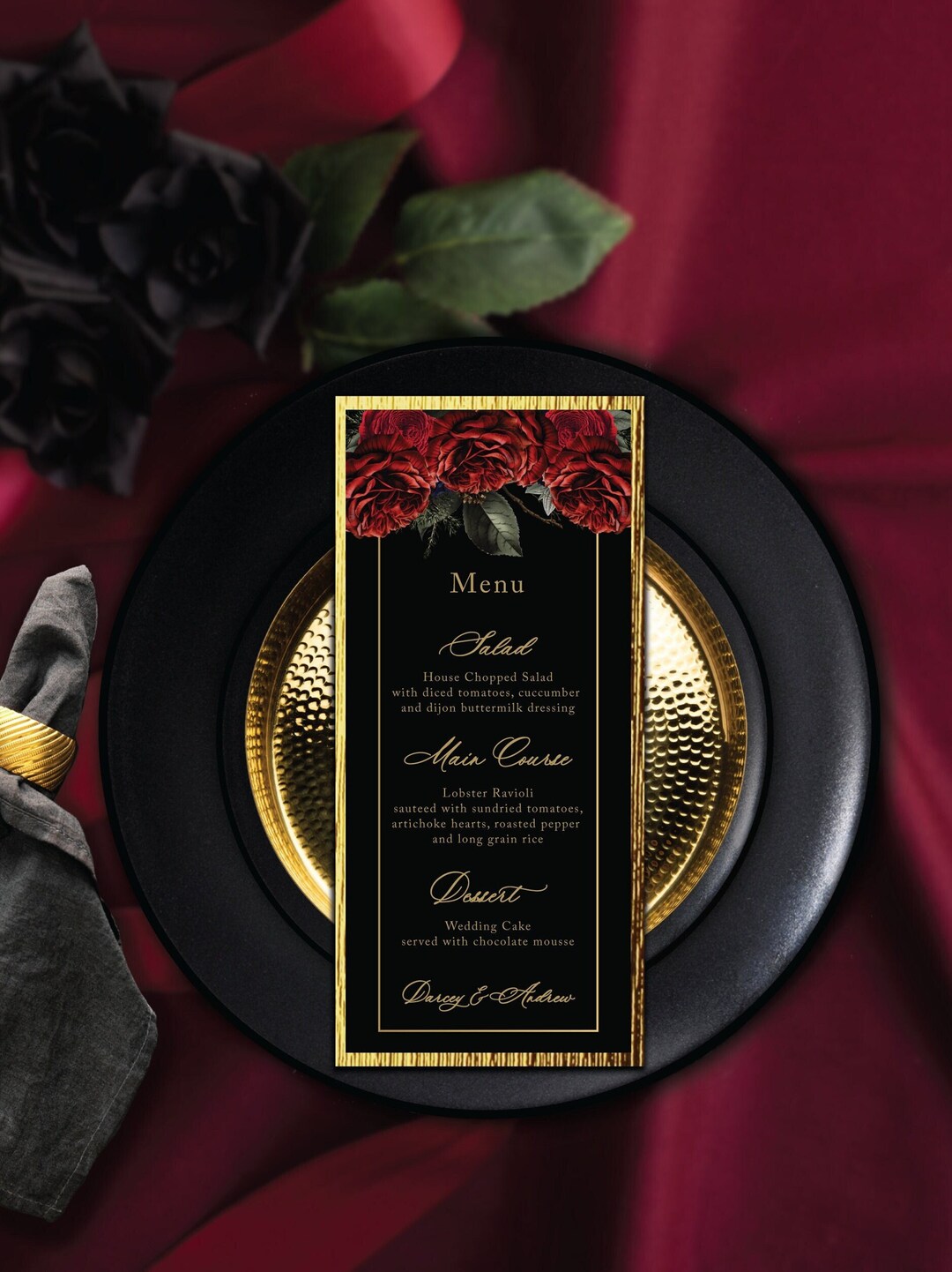 Red Roses Menu Card| Moody Floral Wedding Menu Cards| Wedding Reception ...