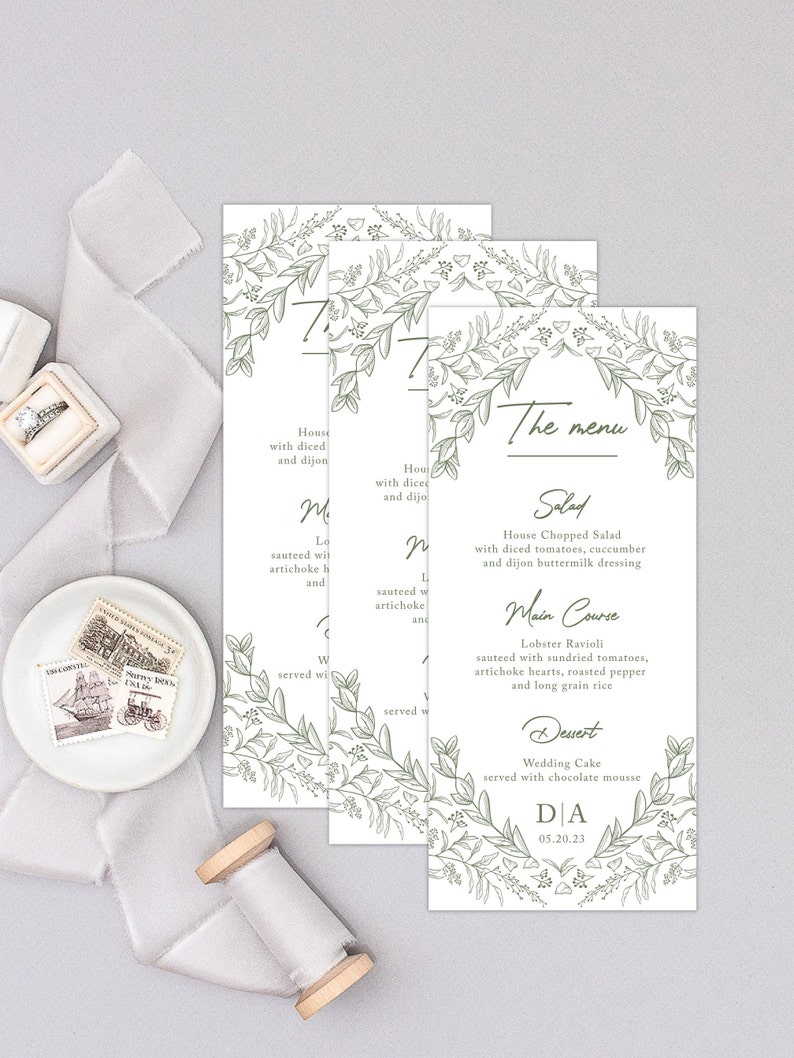 Leafy Wedding Menu Cards Olive Green Dinner Menu Cards - Etsy