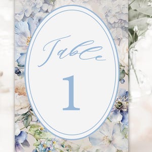 Dusty Blue Floral Table Number| Oval Table Number Cards| Watercolor ...