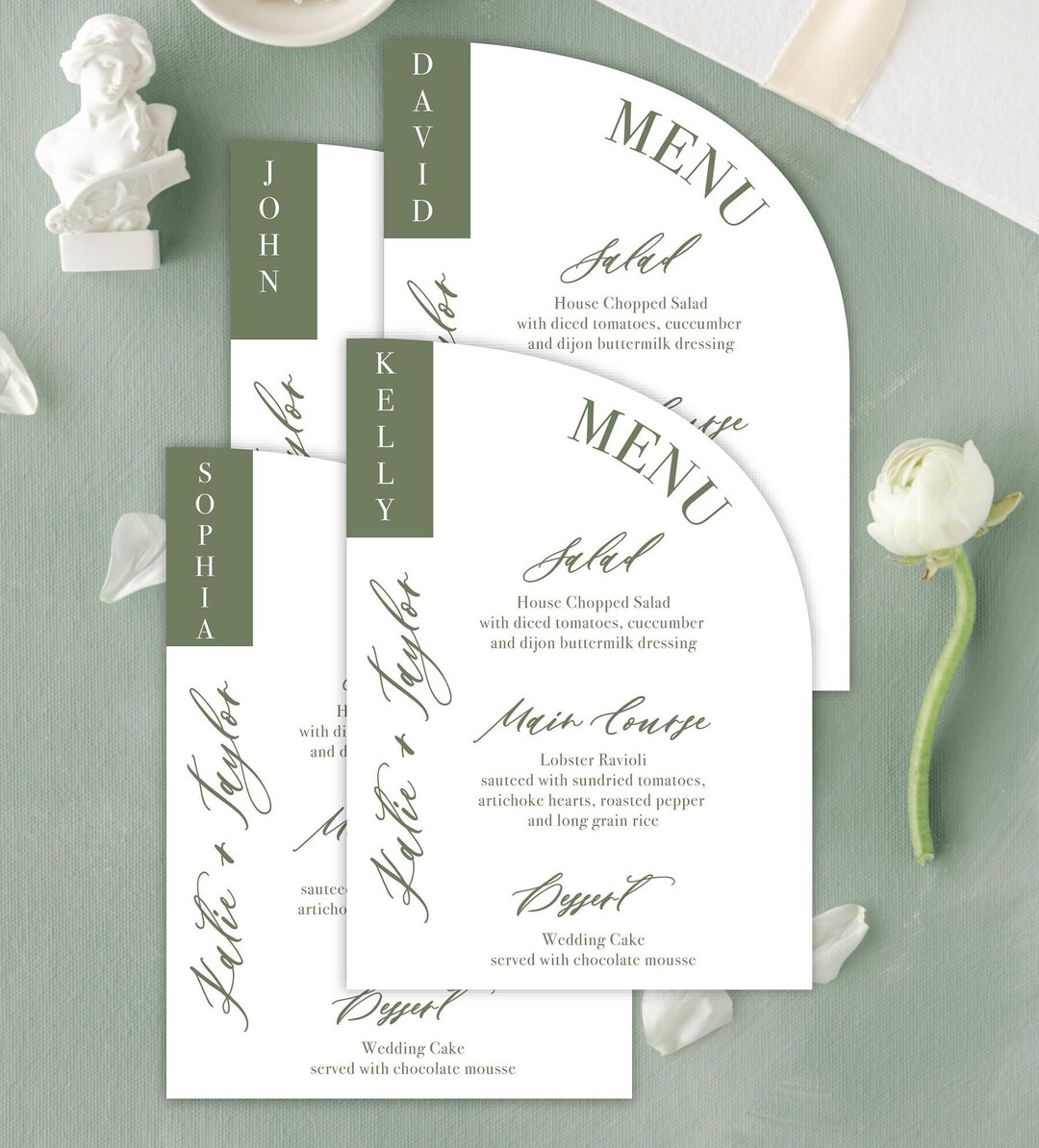 Green Wedding Menu Cards| Arched Dinner Menu| Olive Green Reception ...