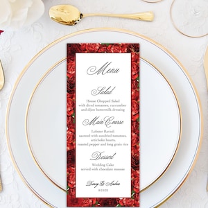 Red Roses Menu Card| Burgundy Roses Menu Cards| Floral Menu Card ...