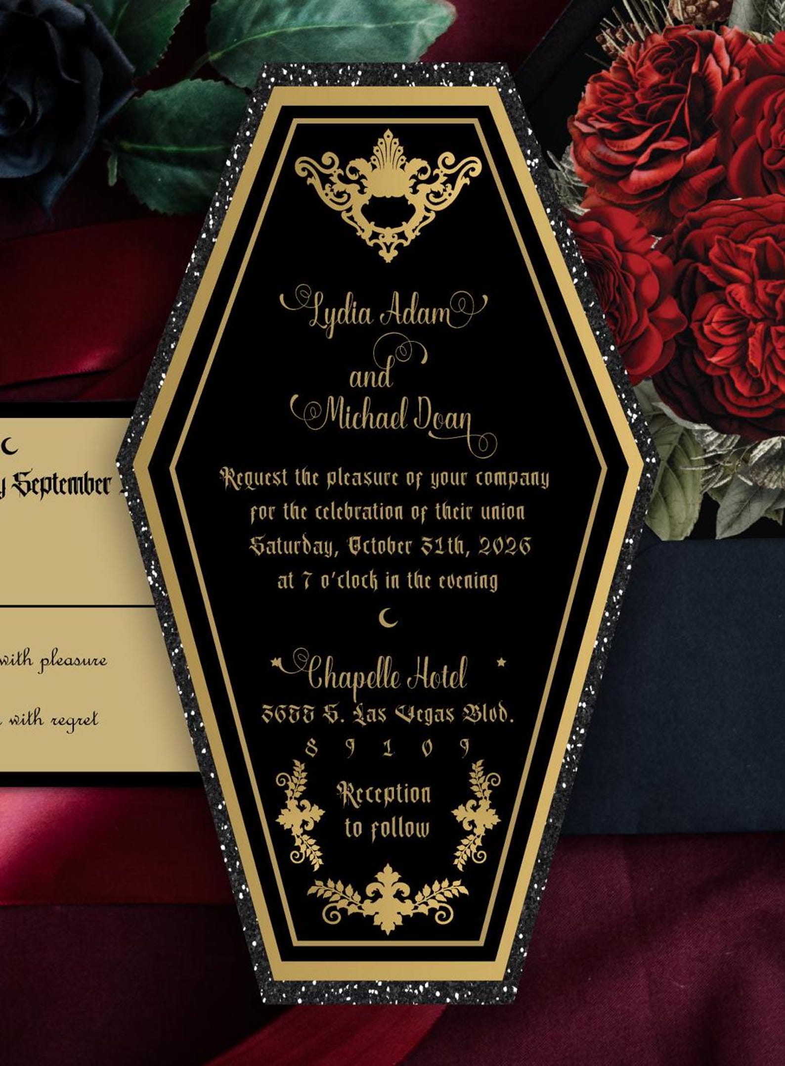 Black and Gold Coffin Wedding Invitation | Coffin and Red Roses ...