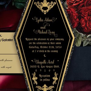 Black and Gold Coffin Wedding Invitation | Coffin and Red Roses ...